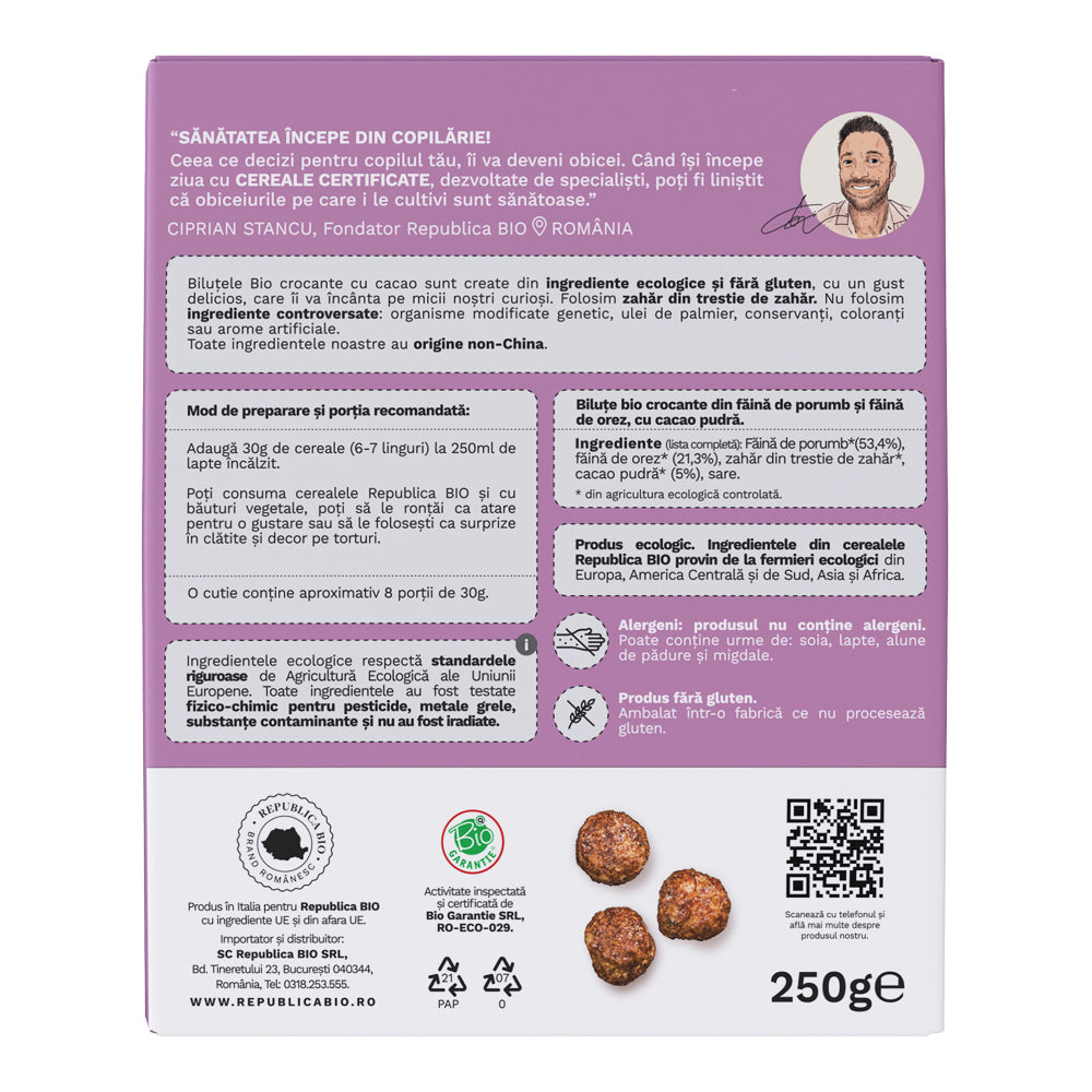 Bilute Bio crocante de ciocolata FARA GLUTEN Republica BIO, bio, 250...