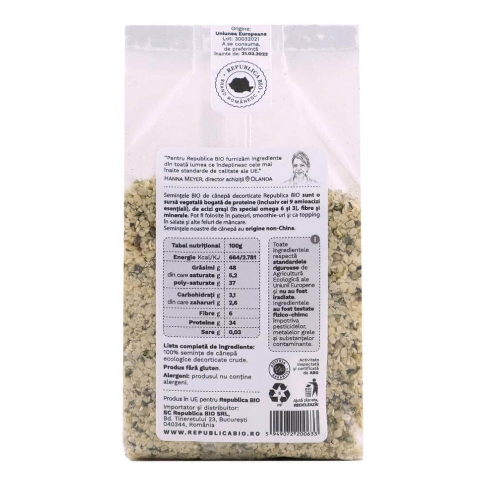 Seminte Bio de canepa decorticate FARA GLUTEN Republica BIO, 200g,...